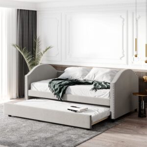 harper & bright designs full size upholstered daybed with twin size trundle, upholstered daybed sofa bed frame for living room bedroom, beige