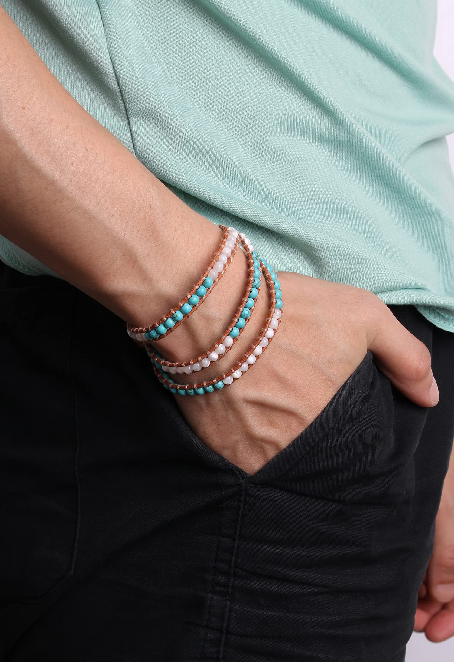 KELITCH Shell Created-Turquoise Beaded Bracelets Handmade Leather 3 Wrap Bracelets Chic Bangle Jewelry