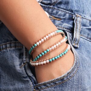 KELITCH Shell Created-Turquoise Beaded Bracelets Handmade Leather 3 Wrap Bracelets Chic Bangle Jewelry