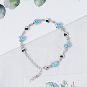 Carleen March Birthstone Bracelet Sterling Silver Aquamarine Bracelet for Women Heart Station Tennis Bracelet Jewelry Gifts Valentines Day Gifts for Women