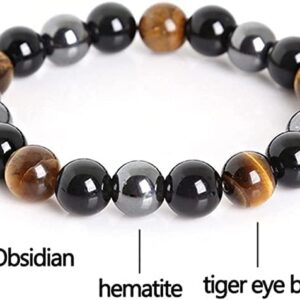 Tiger Eye Black Obsidian Crystal Bracelet for Energy Protection - Crown Chakra Reiki Healing - Bring Prosperity and Luck - Meditation Natural Stone Bracelet for Men and Women