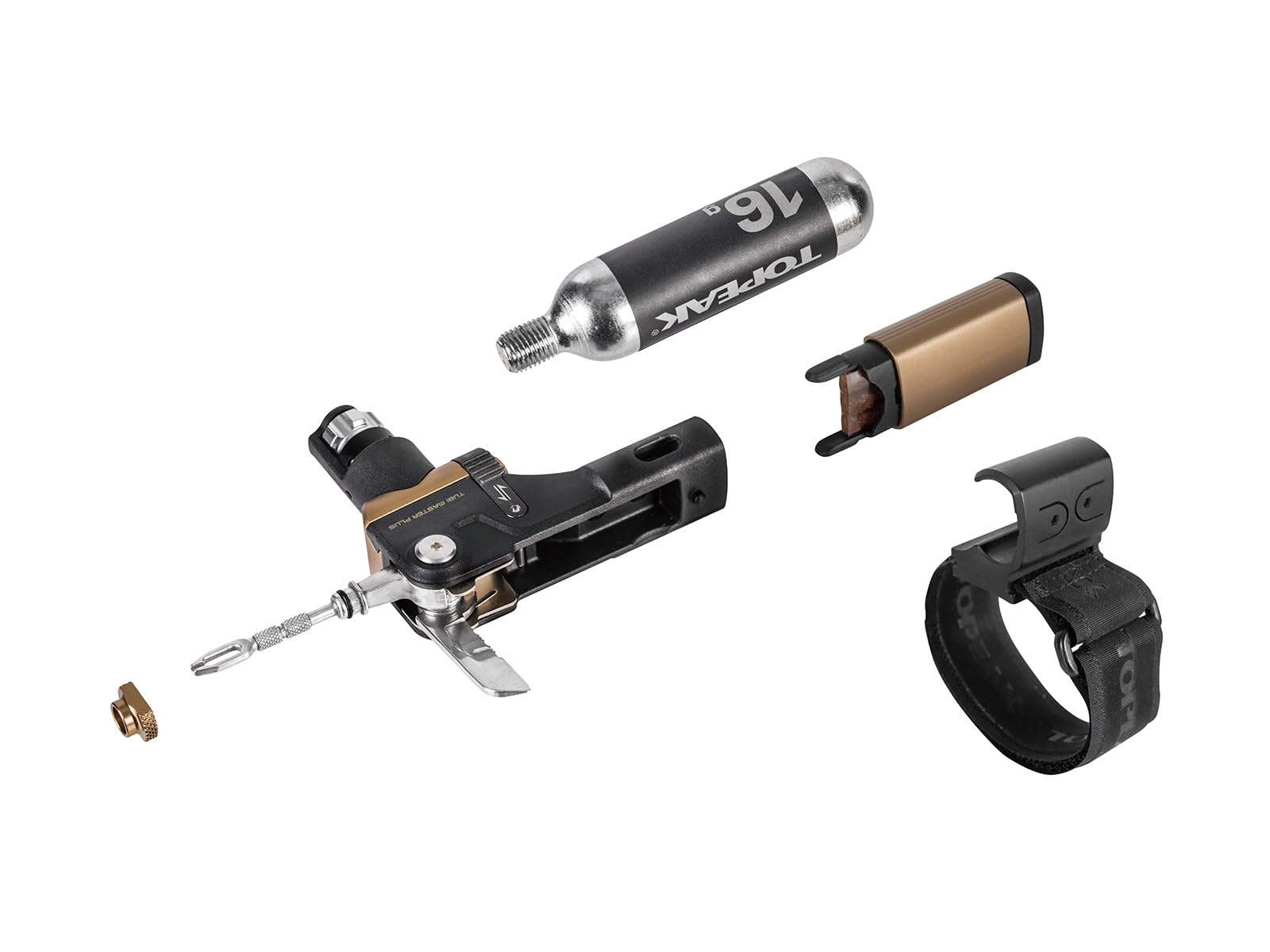 Topeak Tubi Master+, compact tubeless tire repair kit with 3.5mm plug tool, plugs, CO2 inflator, one 16g CO2 cartridge, and knife, strap mount