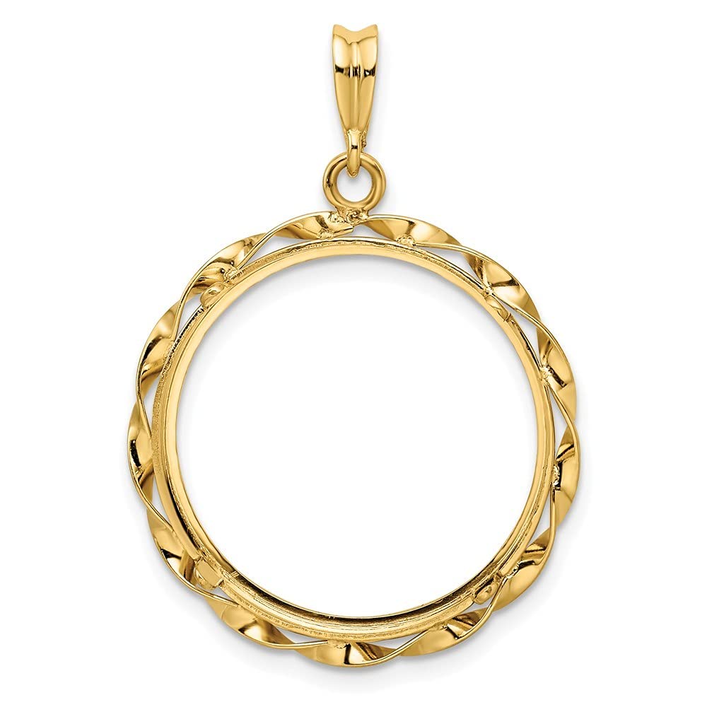 Roy Rose Jewelry Gold Coin Pendant Mounting - 22mm Coin Size - Hand Twisted Ribbon Design Frame - 14K Yellow Gold - Prong Set with Bail