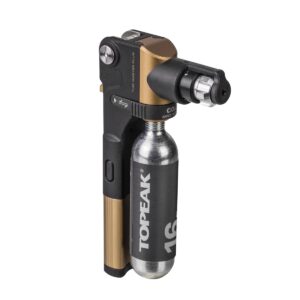 Topeak Tubi Master+, compact tubeless tire repair kit with 3.5mm plug tool, plugs, CO2 inflator, one 16g CO2 cartridge, and knife, strap mount