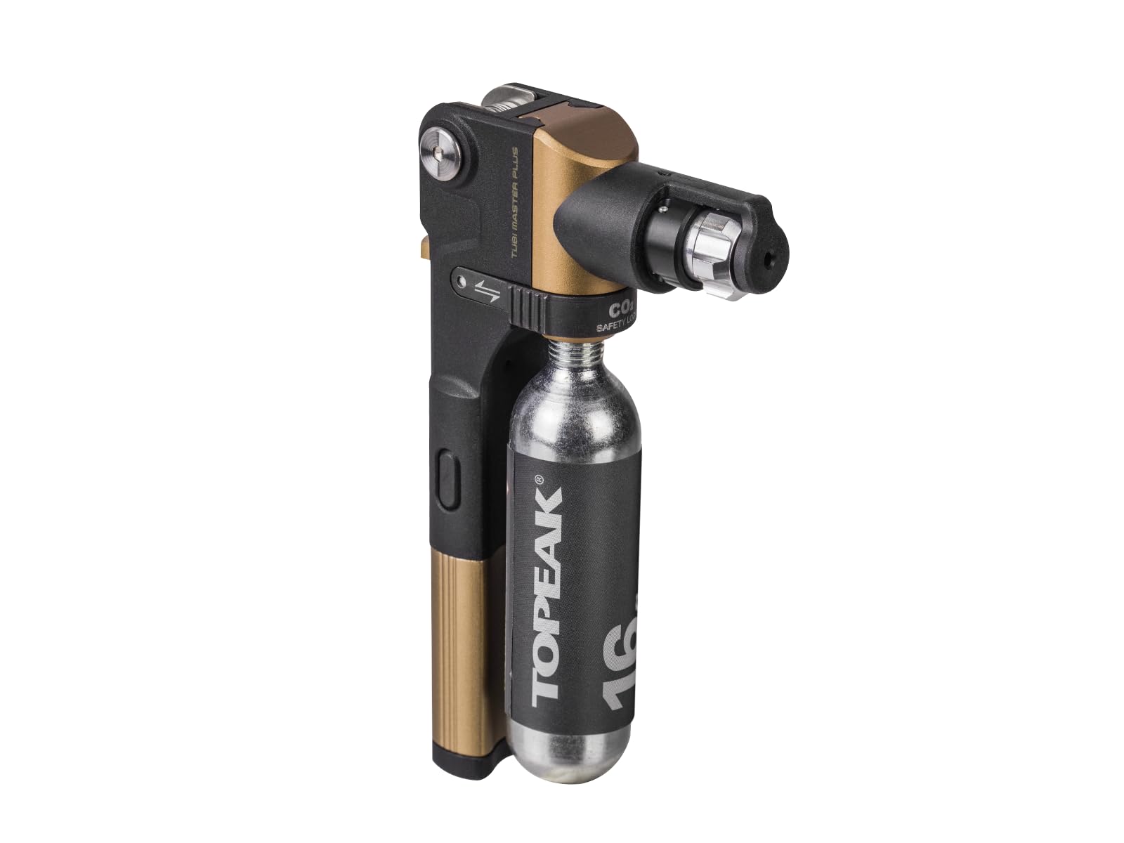 Topeak Tubi Master+, compact tubeless tire repair kit with 3.5mm plug tool, plugs, CO2 inflator, one 16g CO2 cartridge, and knife, strap mount