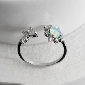 Plum Blossom and Butterfly Crystal Open Band Ring for Women White Gold Plated Statement Expandable Adjustable Dainty Cute Animal Finger Rings Comfort Fit Delicate Jewelry (Silver)