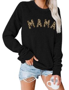 tomteamell women's mama crewneck sweatshirts long sleeve cheetah print leopard mom shirts xl black