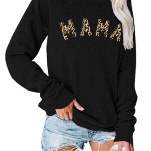 Tomteamell Women's Mama Crewneck Sweatshirts Long Sleeve Cheetah Print Leopard Mom Shirts XL Black