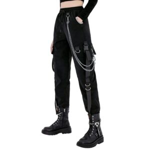 meinvqiaoti black cargo pants for women techwear women loose street rock style casual black pants with chain goth pants (black,l)