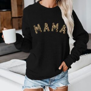 Tomteamell Women's Mama Crewneck Sweatshirts Long Sleeve Cheetah Print Leopard Mom Shirts XL Black