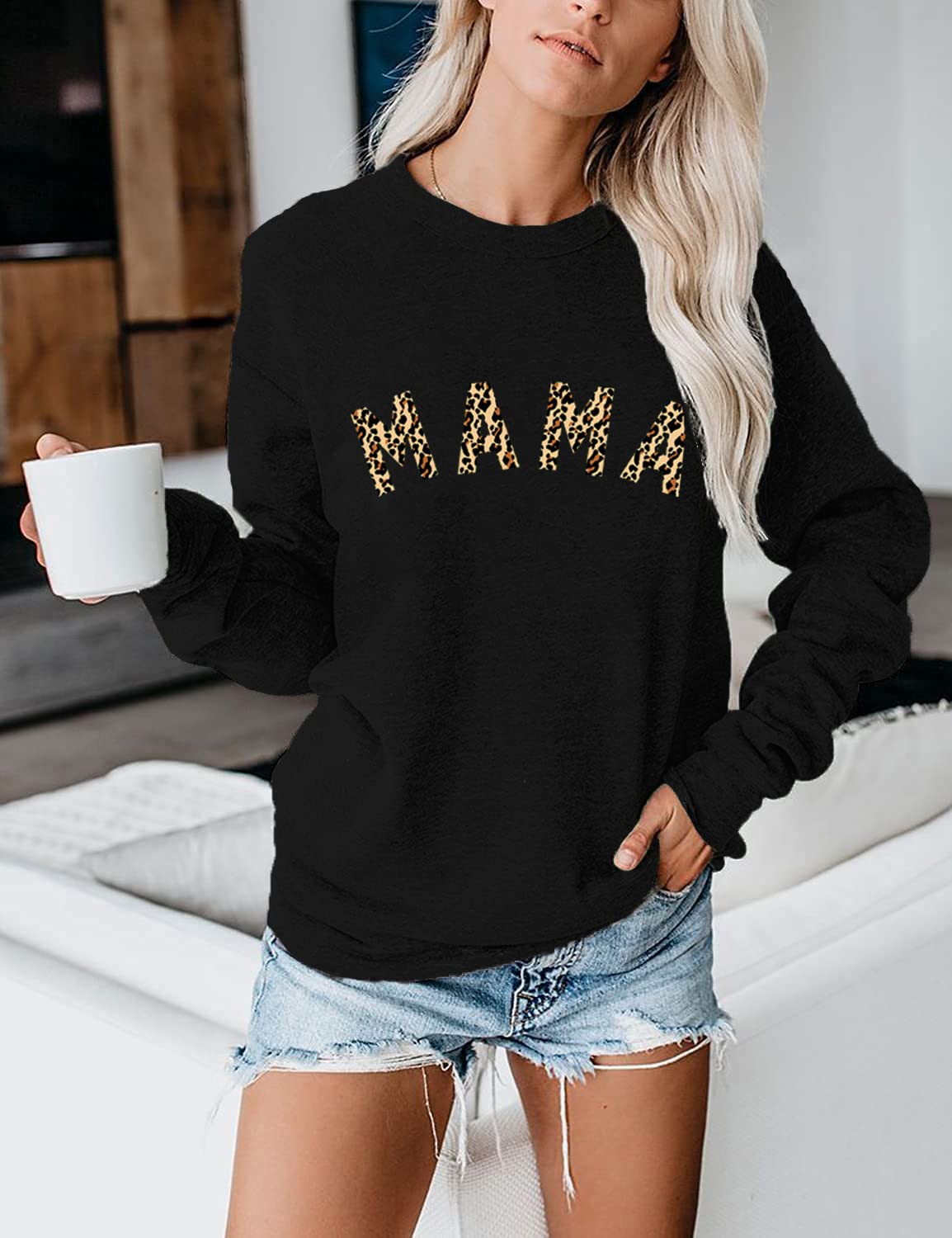 Tomteamell Women's Mama Crewneck Sweatshirts Long Sleeve Cheetah Print Leopard Mom Shirts XL Black