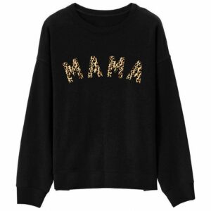 Tomteamell Women's Mama Crewneck Sweatshirts Long Sleeve Cheetah Print Leopard Mom Shirts XL Black