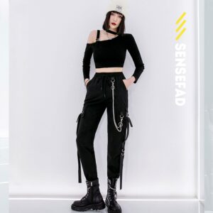 MEINVQIAOTI Black Cargo Pants for Women Techwear Women Loose Street Rock Style Casual Black Pants with Chain Goth Pants (Black,L)