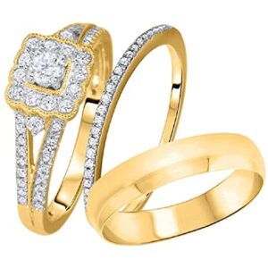 v touch round cut simulated diamond trio engagement wedding ring 3 -piece his & her 14k yellow gold over 925 sterling sliver