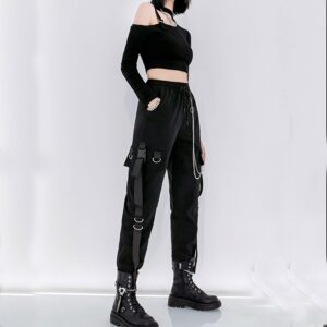 MEINVQIAOTI Black Cargo Pants for Women Techwear Women Loose Street Rock Style Casual Black Pants with Chain Goth Pants (Black,L)