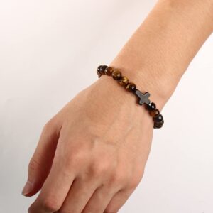 SAILIMUE 8 Pcs Cross Bead Bracelets for Women Men 8mm Tiger Eye Lava Rock Stone Stretch Elastic Cross Bracelet Set