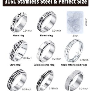 MUCAL Fidget Rings for Anxiety 8pcs Stainless Steel Spinner Ring Anti Anxiety Ring Spinning Moon Star Cool Stress Relieveing Rings for Women Men