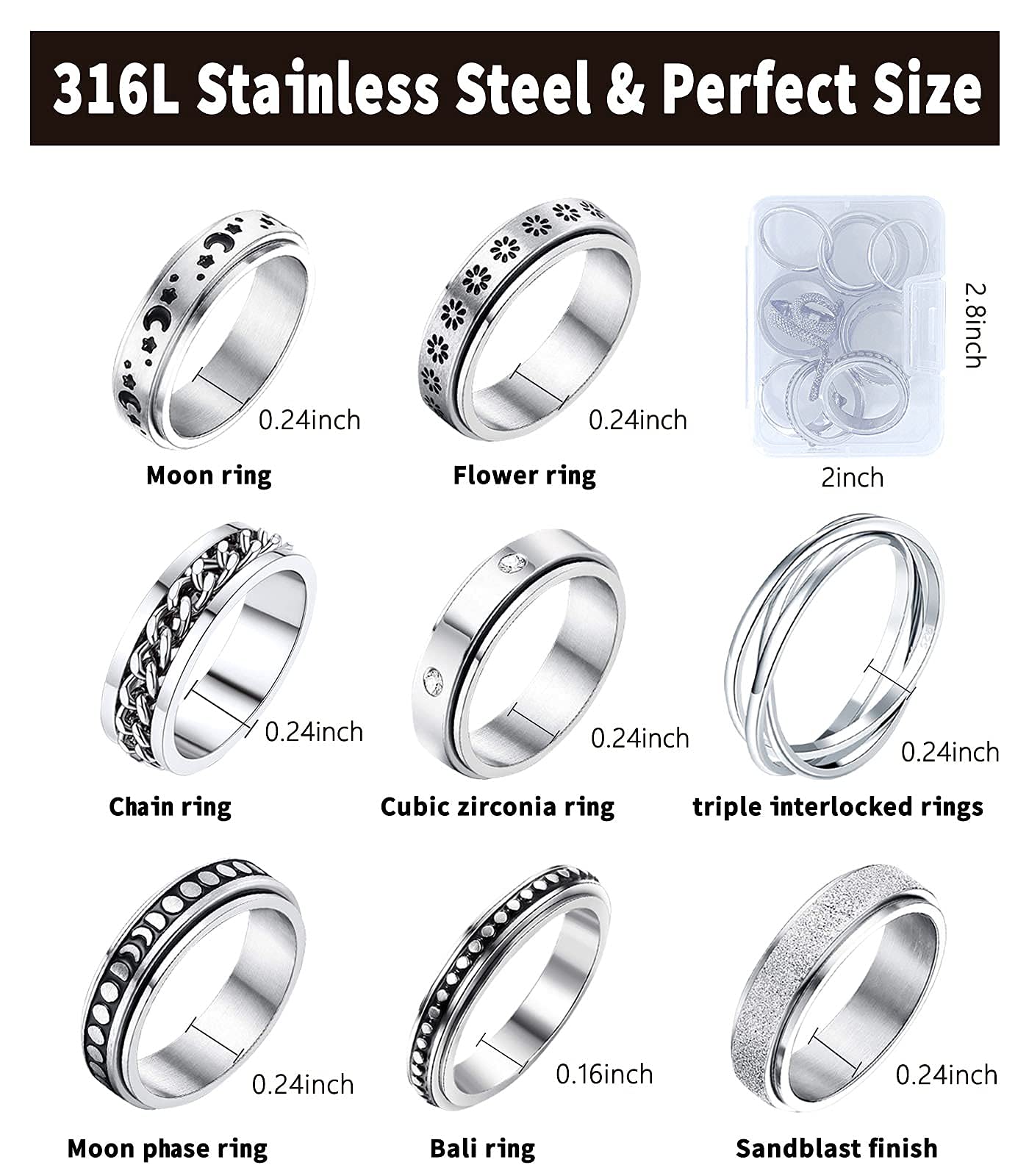 MUCAL Fidget Rings for Anxiety 8pcs Stainless Steel Spinner Ring Anti Anxiety Ring Spinning Moon Star Cool Stress Relieveing Rings for Women Men