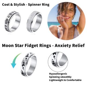 MUCAL Fidget Rings for Anxiety 8pcs Stainless Steel Spinner Ring Anti Anxiety Ring Spinning Moon Star Cool Stress Relieveing Rings for Women Men