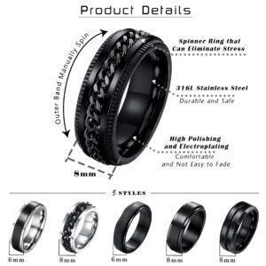 SAILIMUE 6 Pcs 6/8 MM Black Spinner Rings for Men Women Stainless Steel Fidget Ring Anxiety Stress Relieving Cool Chain Fashion Ring Set Wedding Promise Band Rings Size 08