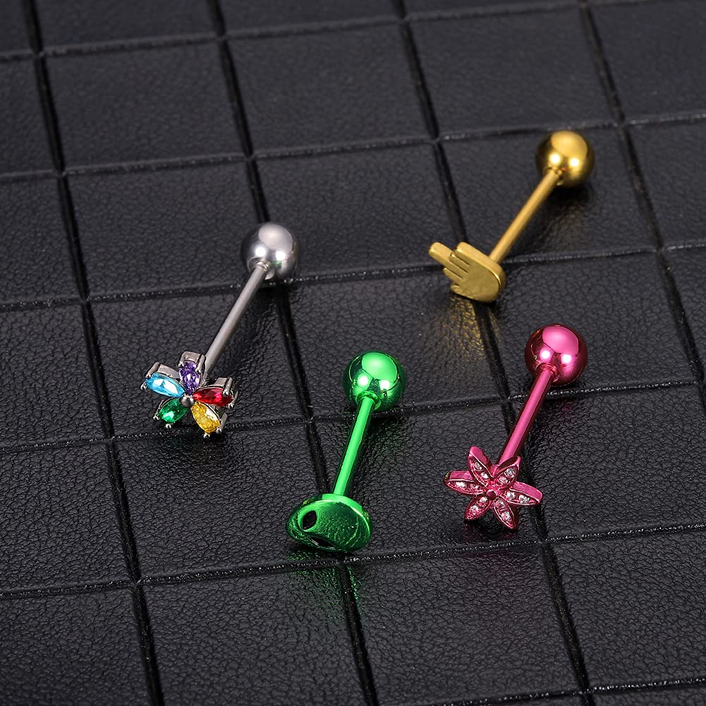 WASOLIE 4Pcs 14G Stainless Steel Tongue Piercing Barbells Multicolor Ring Body Piercing Jewelry for Women