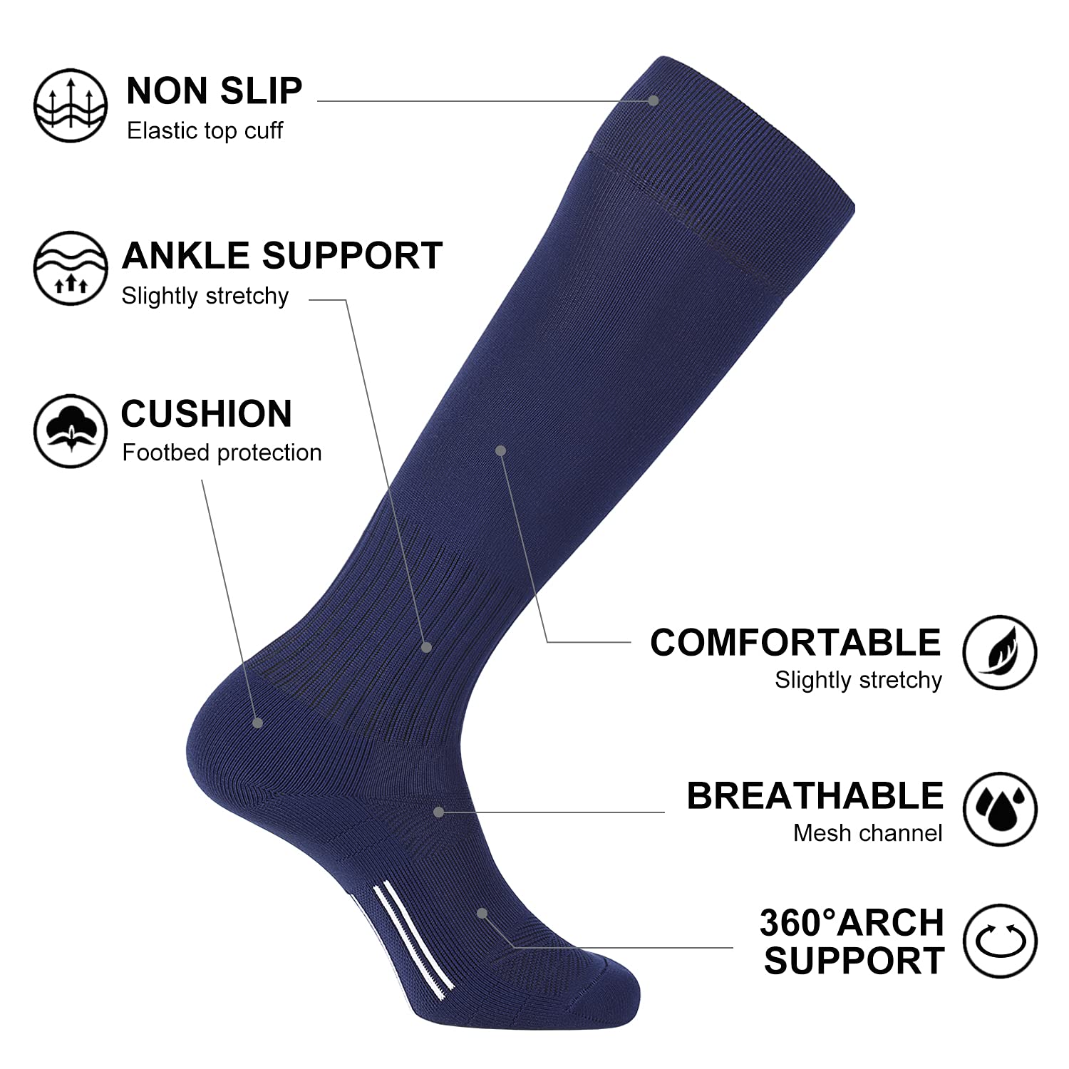 FITRELL 2/3 Pack Soccer Socks For Youth Kids Adult Baseball Softball Football Socks For Men Women Boys Girls,Navy,Medium