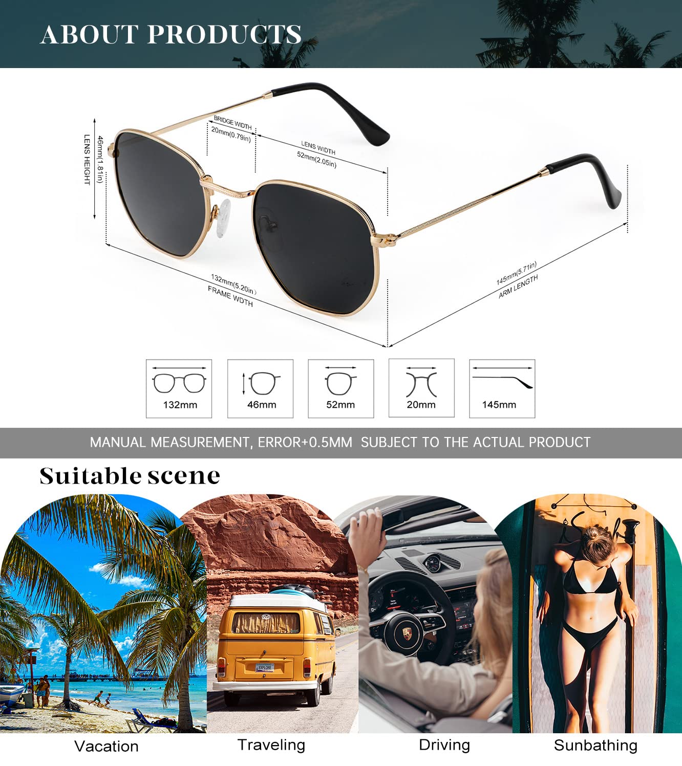 KALIYADI Sunglasses for Women and Men Polarized Hexagon Womens- Sunglasses Trendy Metal Frame UV Protection (Gold Frame Grey Lens)