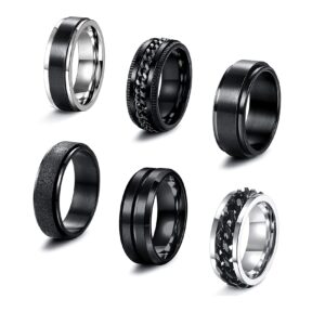 sailimue 6 pcs 6/8 mm black spinner rings for men women stainless steel fidget ring anxiety stress relieving cool chain fashion ring set wedding promise band rings size 08