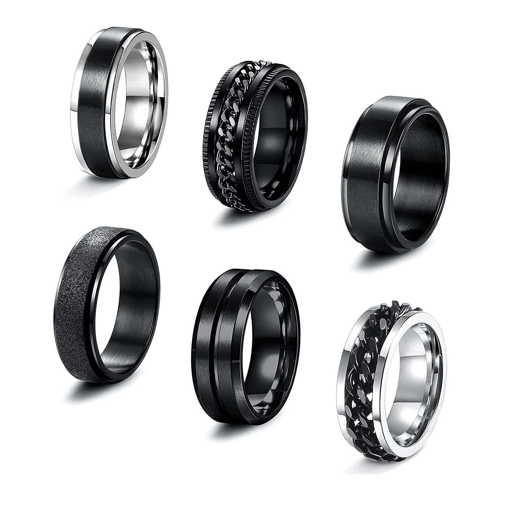 SAILIMUE 6 Pcs 6/8 MM Black Spinner Rings for Men Women Stainless Steel Fidget Ring Anxiety Stress Relieving Cool Chain Fashion Ring Set Wedding Promise Band Rings Size 08