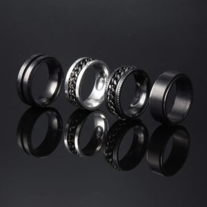 SAILIMUE 6 Pcs 6/8 MM Black Spinner Rings for Men Women Stainless Steel Fidget Ring Anxiety Stress Relieving Cool Chain Fashion Ring Set Wedding Promise Band Rings Size 08