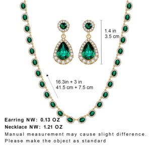 WOWORAMA Bridal Wedding Necklace Crystal Teardrop Dangle Earrings Simple Statement Necklace Jewelry Set Gold Green Bridal Jewelry Set for Wedding Emerald-Green Color Gold-Tone