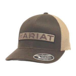 ariat men's flex fit 110 snapback cap, brown with tan mesh back and shield logo patch, adjustable one size