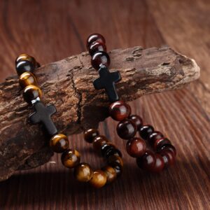 SAILIMUE 8 Pcs Cross Bead Bracelets for Women Men 8mm Tiger Eye Lava Rock Stone Stretch Elastic Cross Bracelet Set