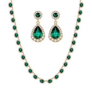 WOWORAMA Bridal Wedding Necklace Crystal Teardrop Dangle Earrings Simple Statement Necklace Jewelry Set Gold Green Bridal Jewelry Set for Wedding Emerald-Green Color Gold-Tone