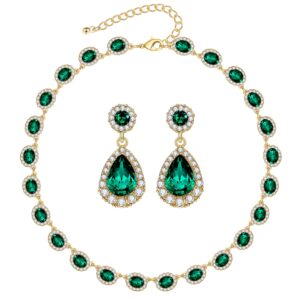 woworama bridal wedding necklace crystal teardrop dangle earrings simple statement necklace jewelry set gold green bridal jewelry set for wedding emerald-green color gold-tone