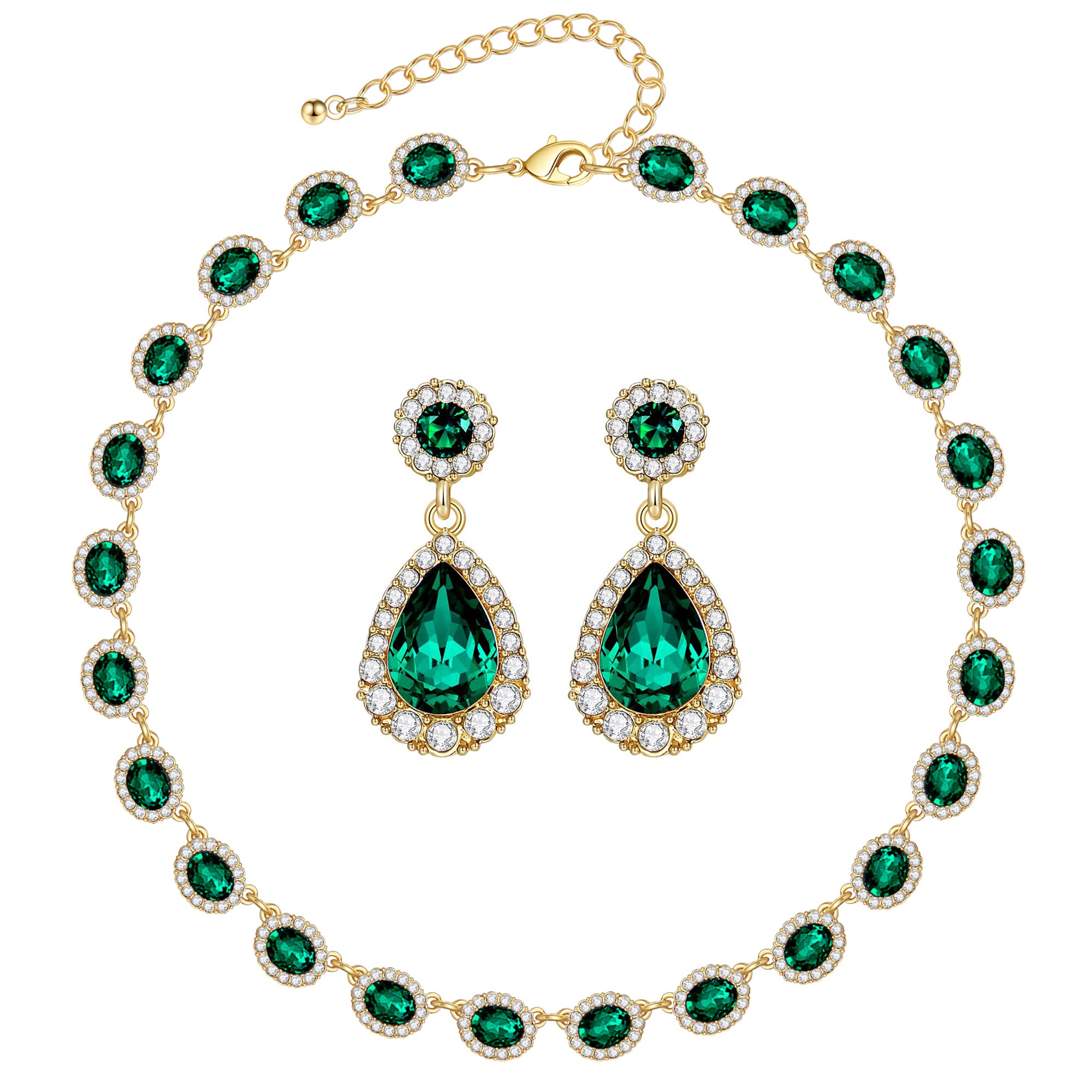 WOWORAMA Bridal Wedding Necklace Crystal Teardrop Dangle Earrings Simple Statement Necklace Jewelry Set Gold Green Bridal Jewelry Set for Wedding Emerald-Green Color Gold-Tone