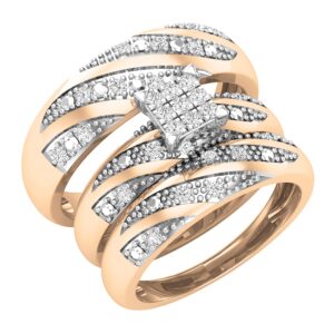 dazzlingrock collection 0.30 carat (ctw) round white diamond mens & womens couples engagement ring bridal wedding band matching trio set 1/3 ct, 14k rose gold, womens size 10 and mens size 10