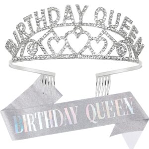 birthday queen crown and birthday queen sash kit, aprince birthday crowns for women girls tiaras and crowns for women birthday tiara for girl silver crown and silver sash for women 21st crystal crown