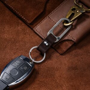 KeyUnity KM02SW Titanium Belt Clip Carabiner Leather Keychain Holder with Removable Stainless Steel Key Ring (Sandblasted)