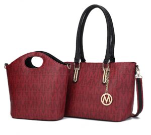 mkf tote shoulder bag, satchel handbag for women set pu leather top handle purse, gold-tone hardware burgundy