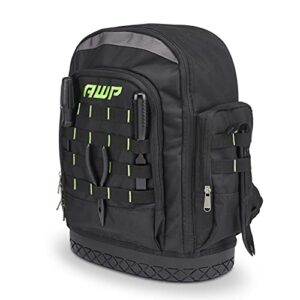 awp extreme tool backpack, heavy-duty tool bag with padded shoulder, back, and waist straps, water-resistant construction black