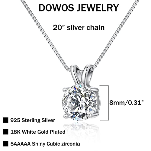 DOWOS 925 Sterling Silver Dainty Diamond Necklace for Women Mother's Day, 18K White Gold Plated 8mm Round Brilliant Cut Solitaire Pendant Necklace for Women, Classic 4 Prong 18''+2'' Dainty Chain Necklace 8mm/2carat(white gold)