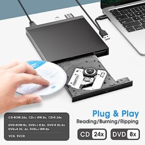 ROOFULL External CD DVD Drive USB 3.0 & USB-C CD & DVD Player Burner Portable CD/DVD +/-RW Disc Reader Writer with SD Card Slot and USB Ports for Laptop Desktop PC Windows 11/10, Apple Mac Computer