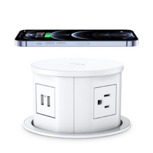 annquan automatic pop up countertop outlet with 15w wireless charger,4 outlets,2 usb ports,4.75" pop up electrical outlet,home office power supply,suit kitchen island rv office conference table