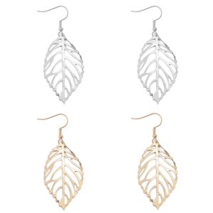 diyanmmy 2 pairs elegant simulation hollow gold silver leaf dangle drop earrings bohemian vintage minimalist hypoallergenic jewelry gift (gold silver leaf earrings)