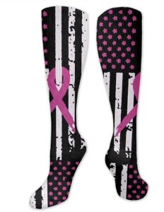 shengbao pink ribbon breast cancer awareness flag cute funny socks unisex everyday socks, medium