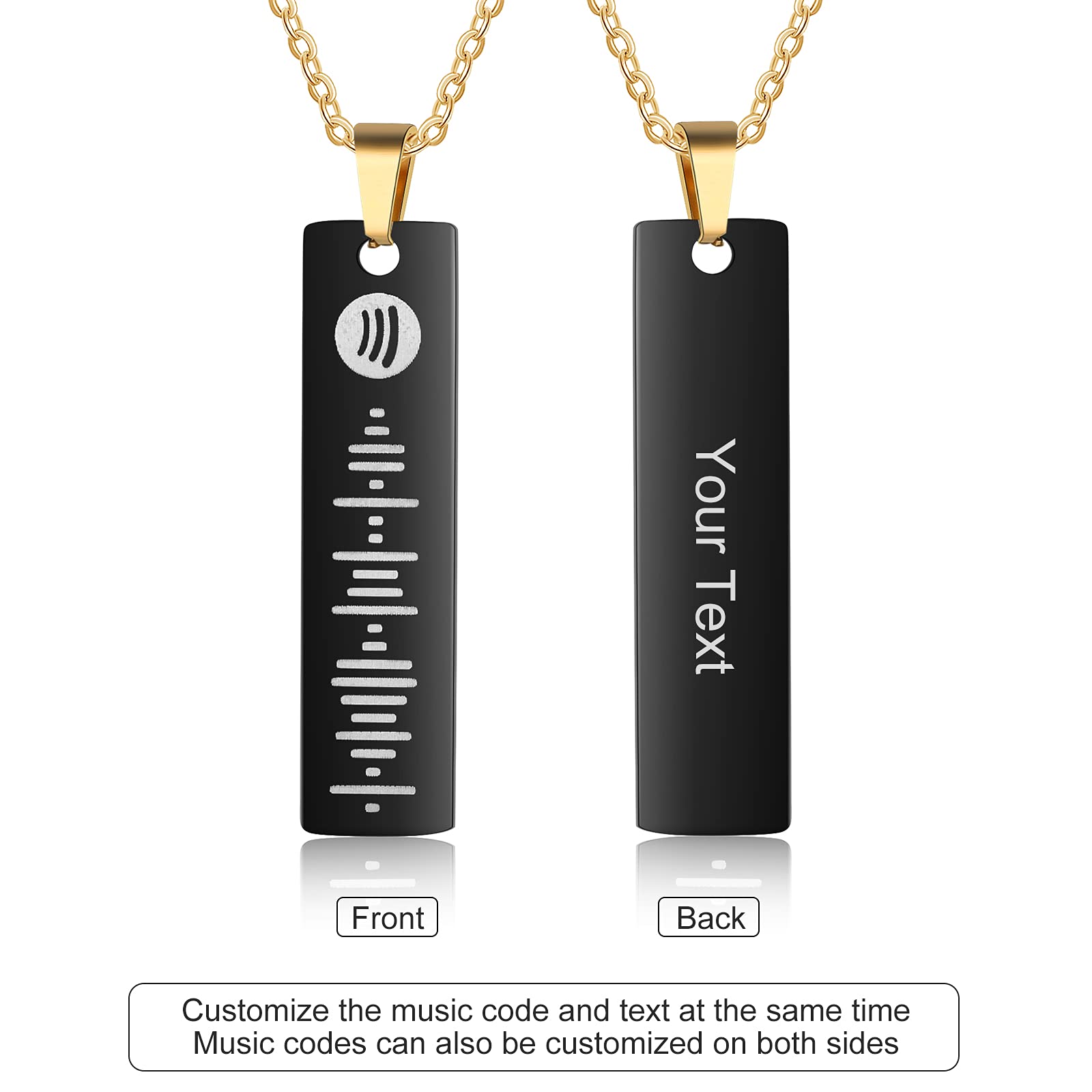 Personalized Music Spotify Scan Code Necklace Custom Bar Pendant Necklace for Women Men Engraved Name Necklace Stainless Steel Necklace Jewelry Gift(Black)