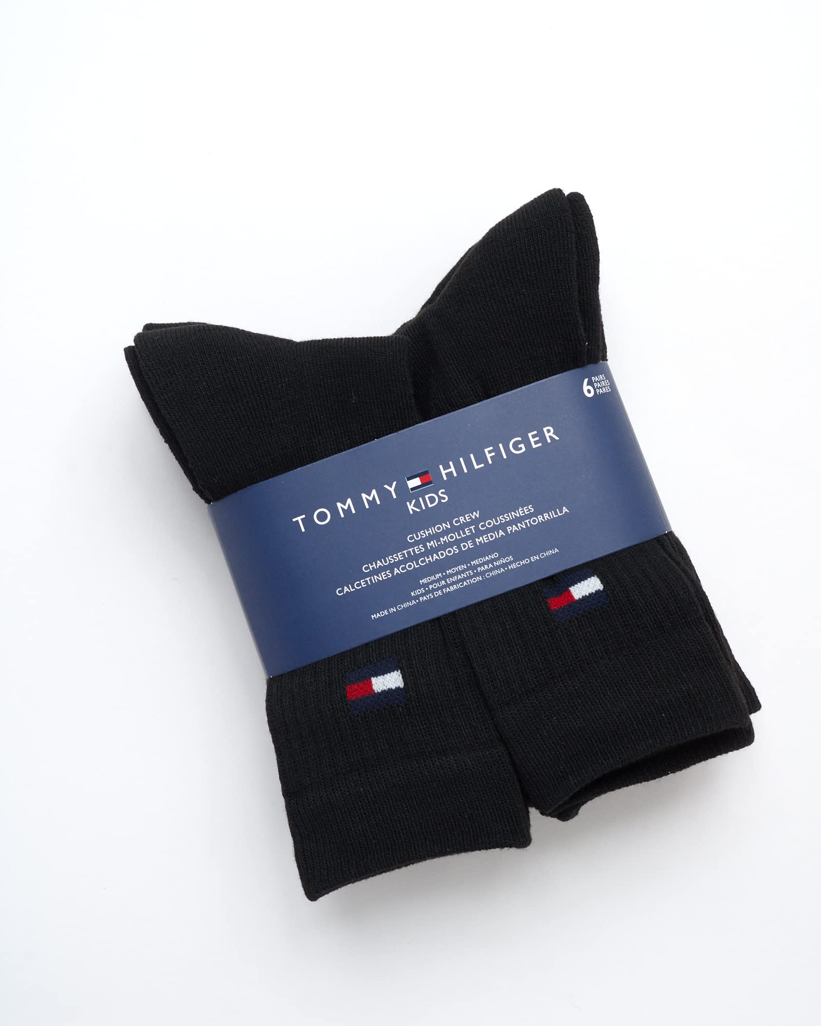 Tommy Hilfiger Unisex Kids' Athletic Socks - Cushioned Crew Socks (6 Pack), Size Medium, Black