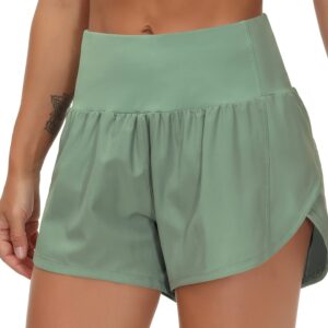 THE GYM PEOPLE Womens High Waisted Running Shorts Quick Dry Athletic Workout Shorts with Mesh Liner Zipper Pockets (Jasmine Green, X-Large)