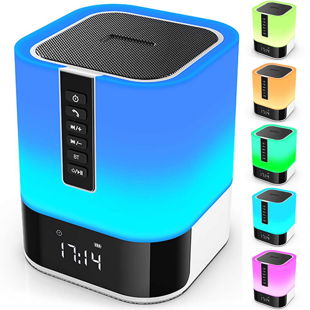 Hetyre Night Light Bluetooth Speaker, 5 in 1 Touch Control Bedside Lamp Dimmable Multi-Color Changing, Bedroom Alarm Clock, Best Birthday Gift Ideas for 10 11 12 13 14 Year Old Teenage Girls/Boys